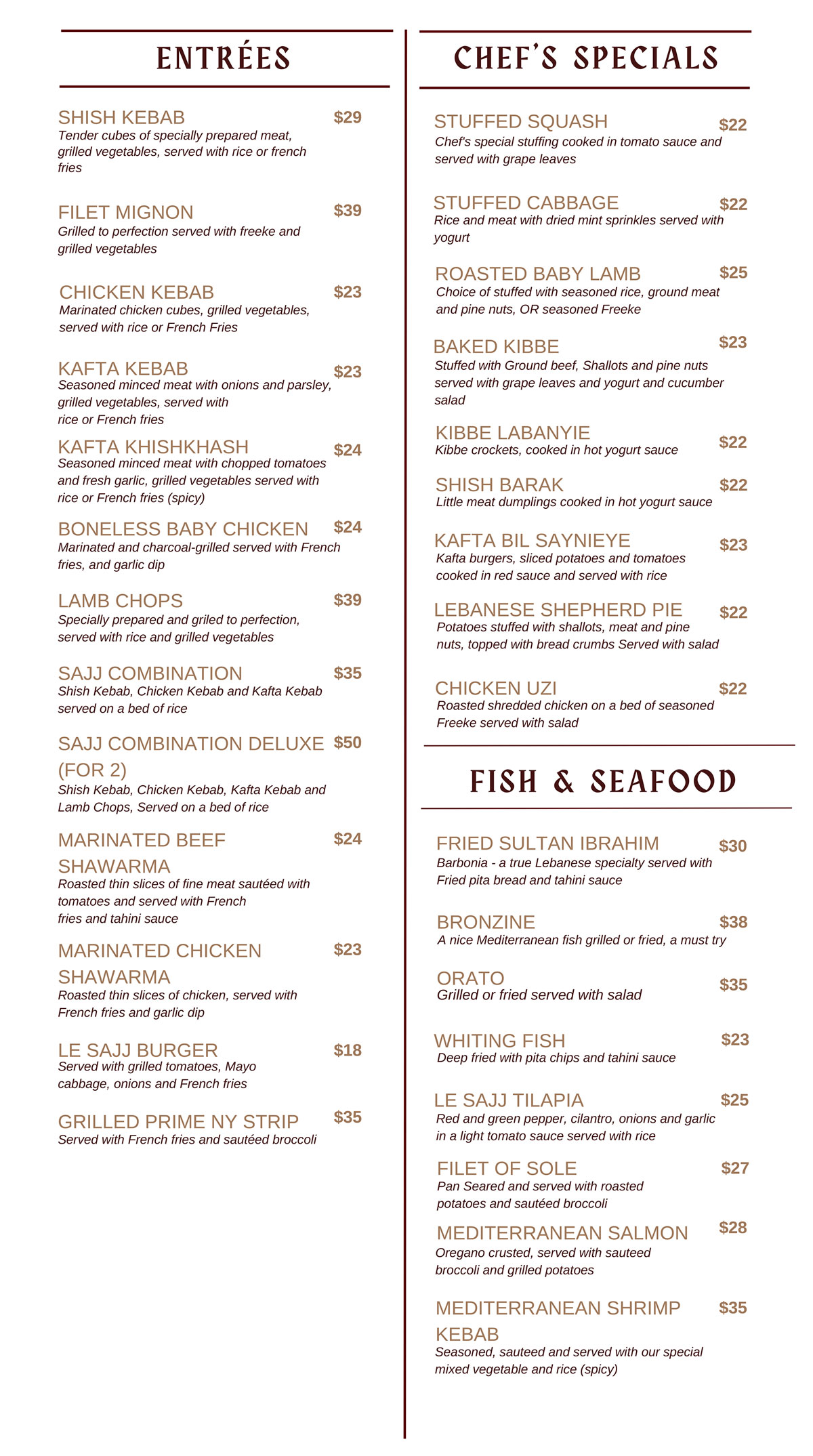 Entree Menu ~ Le Sajj